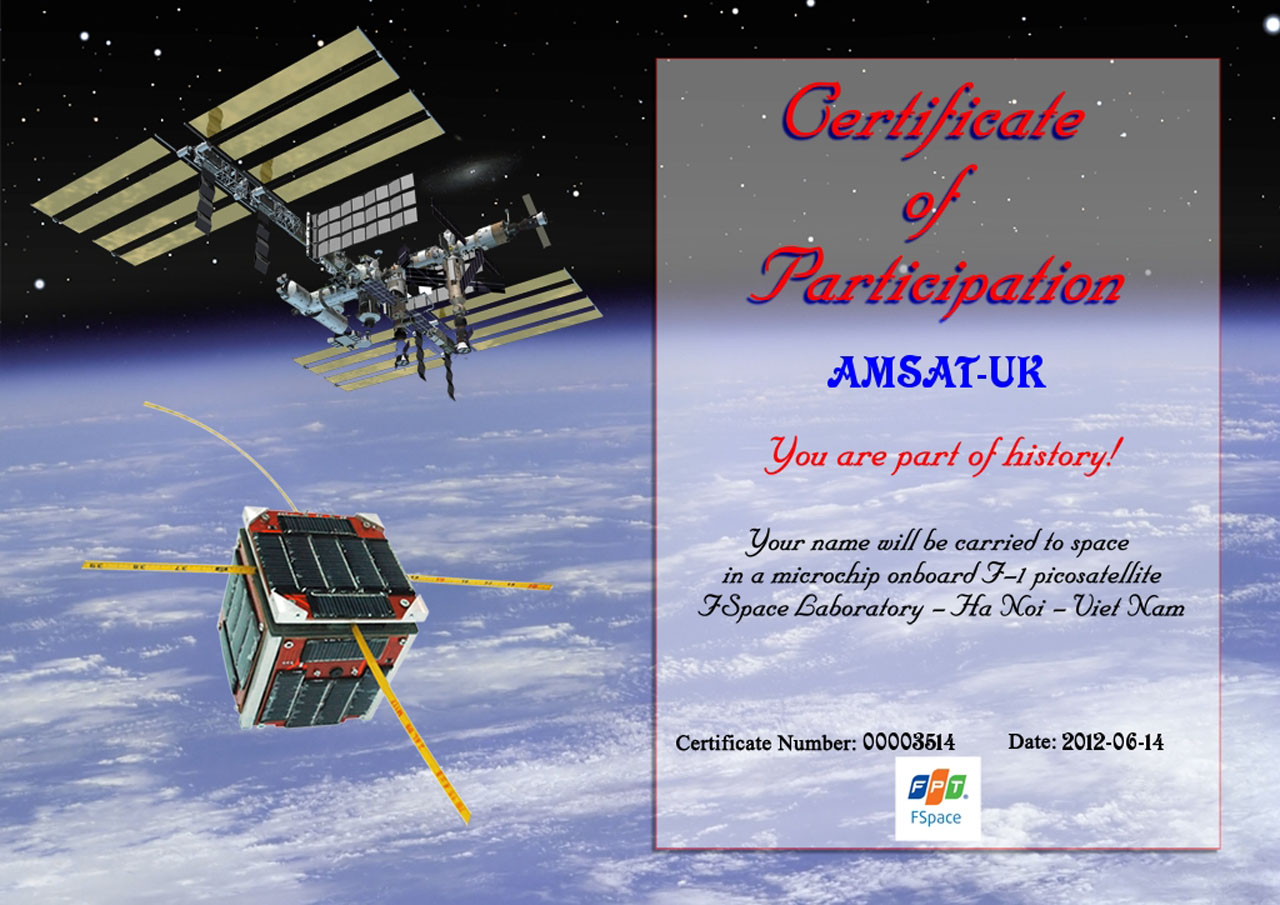 F-1 CubeSat – AMSAT-UK Certificate of Participation | AMSAT-UK